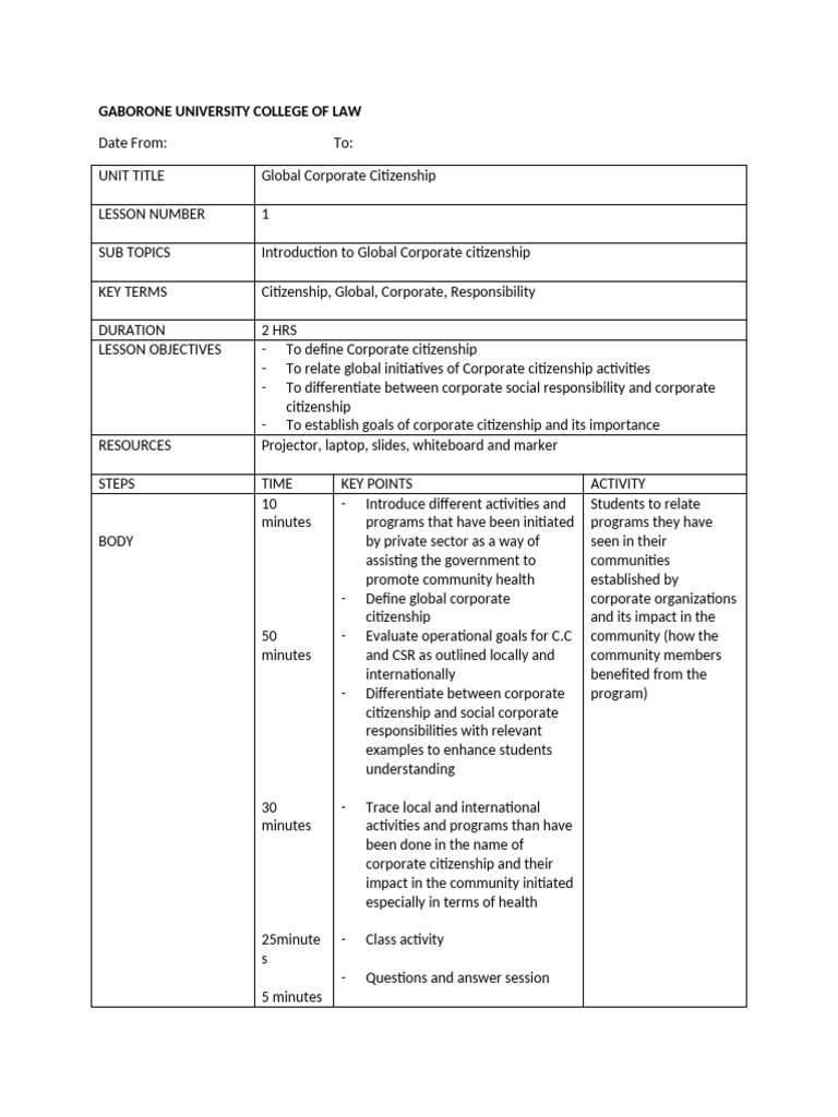 Global Corporate Lesson Plans | PDF | Risk | Corporate Social ...