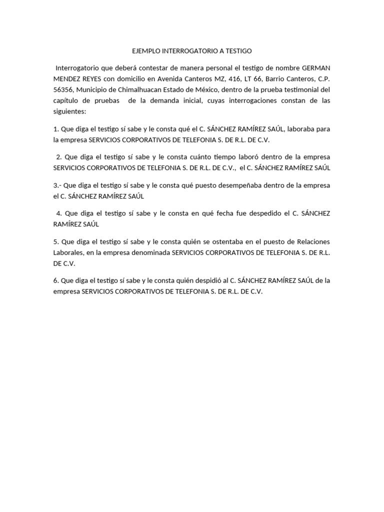 Ejemplo Interrogatorio A Testigo - 102922 | PDF