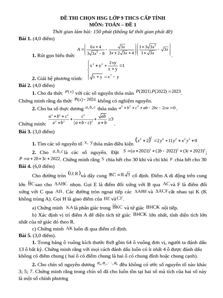 ĐỀ THI CHỌN HSG LỚP 9 THCS CẤP TỈNH | PDF