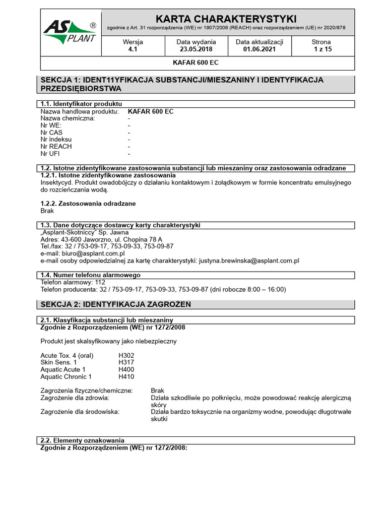 KAFAR 600 EC - MSDS - PL - Ver | PDF