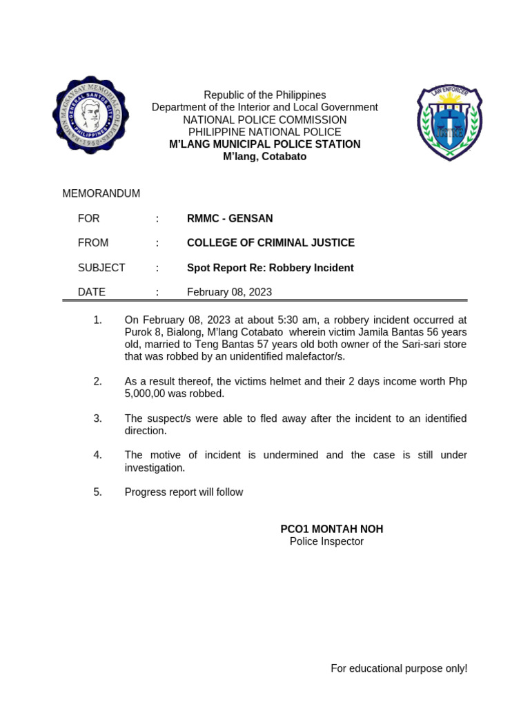 Spot Report: Robbery in M'lang | PDF