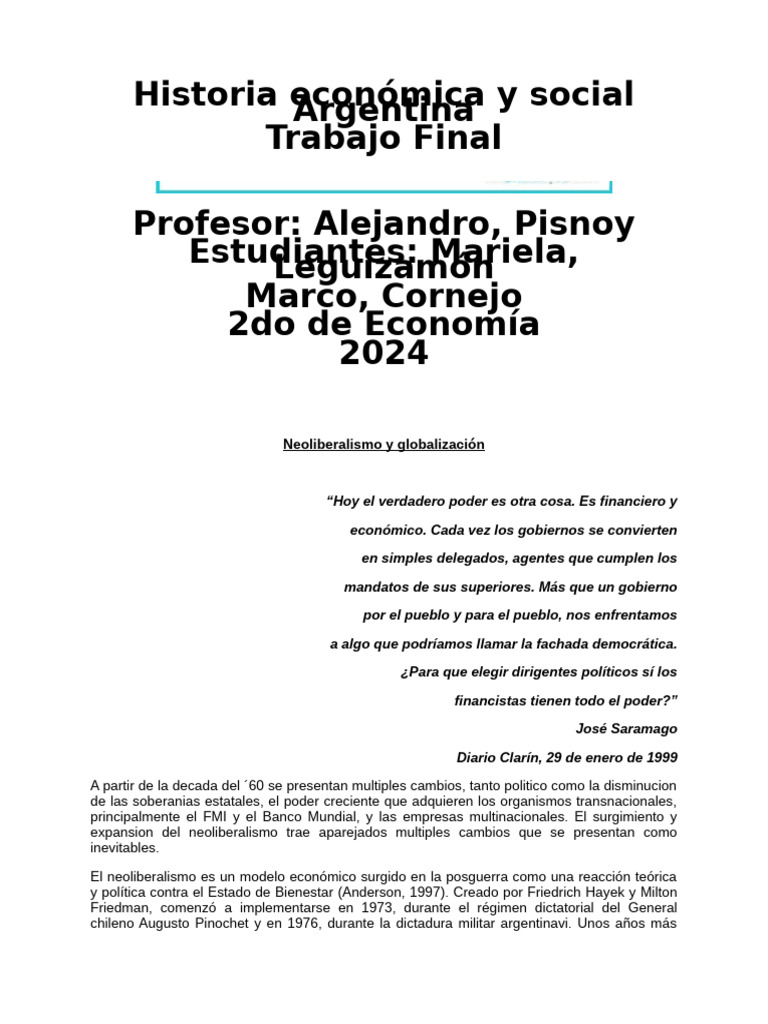 tp final historia | PDF | Neoliberalismo | Inflación