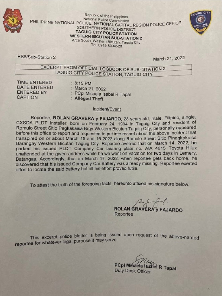 Alleged Theft - Blotter Report | PDF