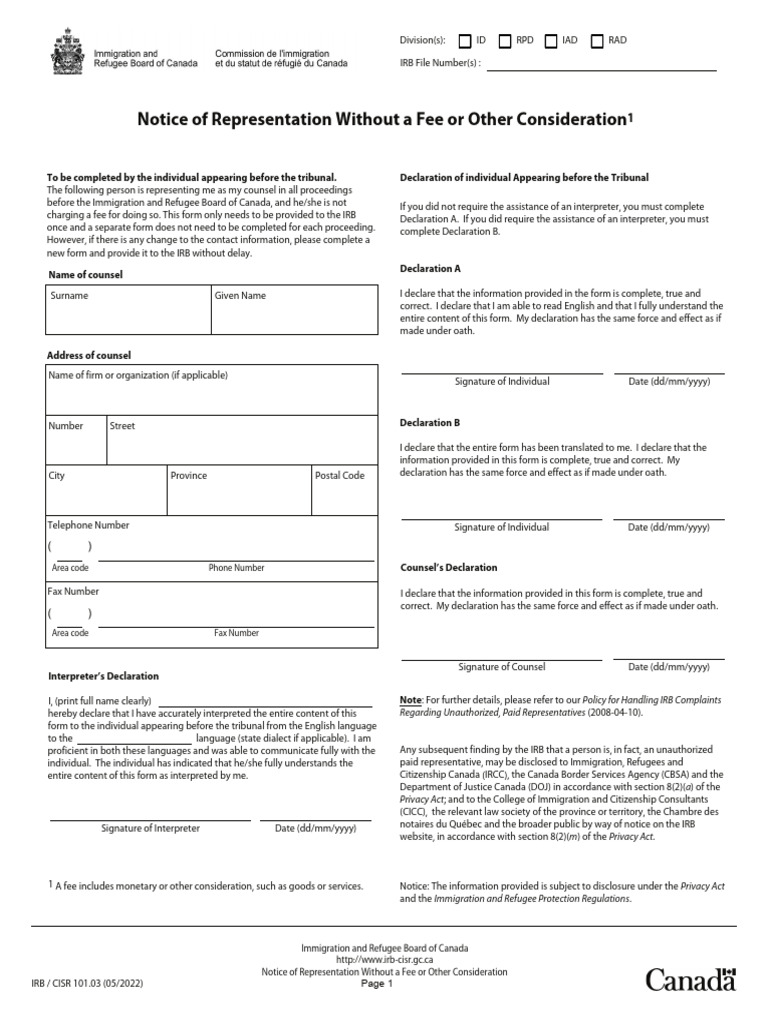 IRB Notice of Free Representation Form | PDF | Justice | Crime & Violence