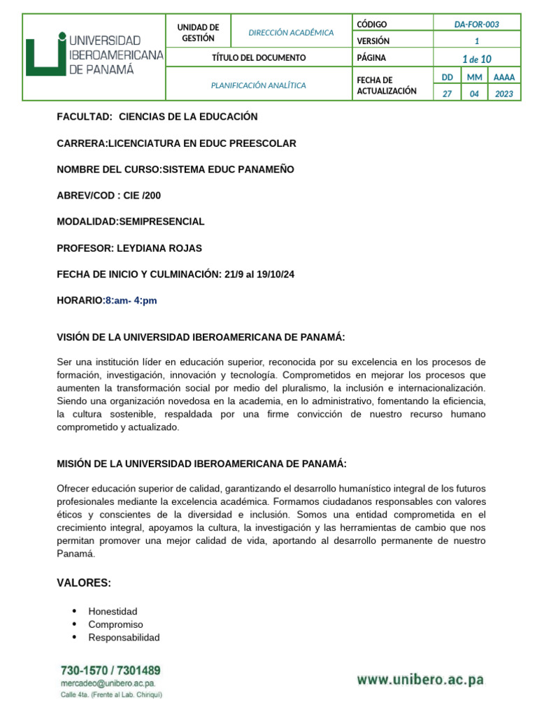 Formato de Planificacio N Anali Tica Unibero en Blanco | PDF | Panamá | Evaluación