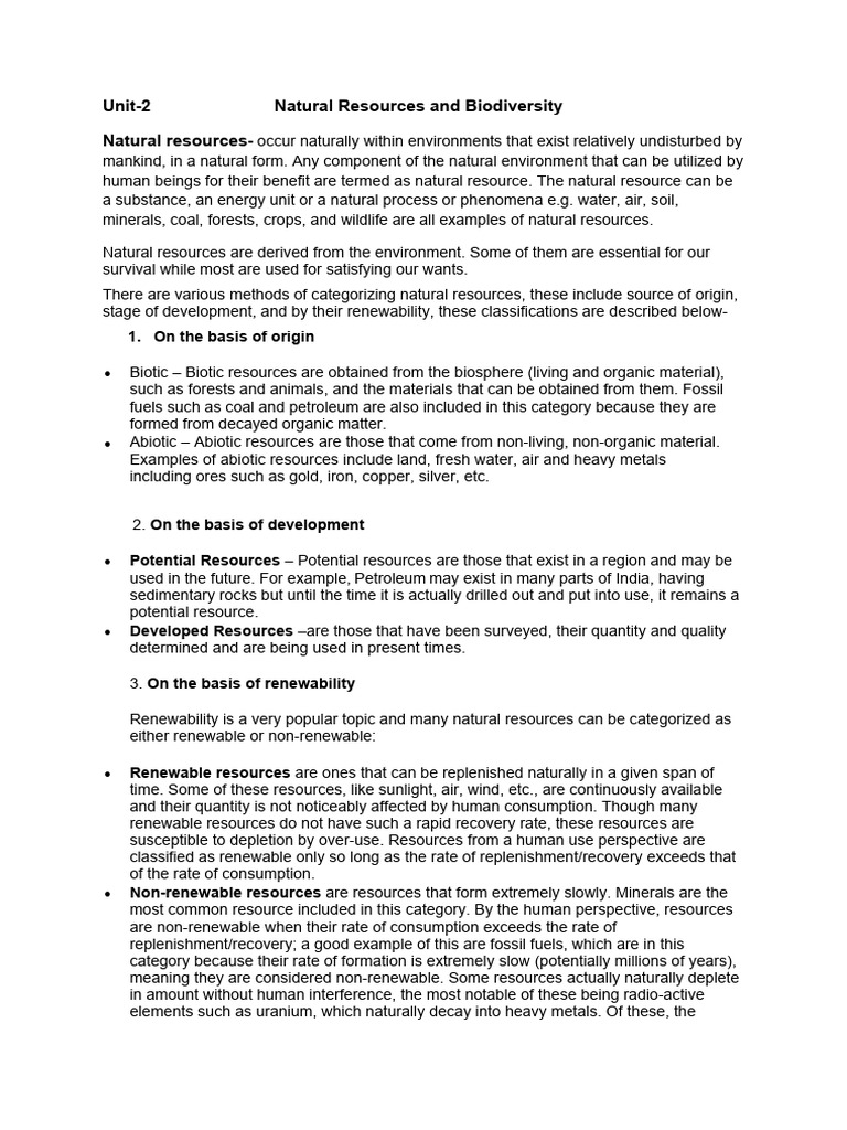 Unit-2 Natural Resources and Biodiversity Natural Resources | PDF ...