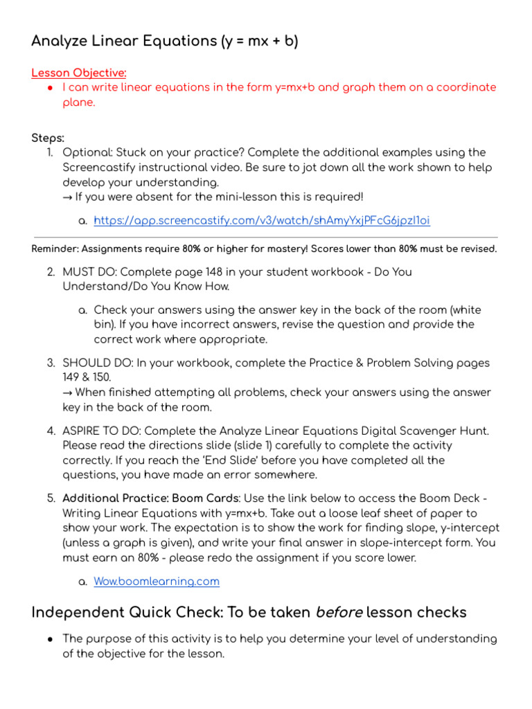 Lesson 2-9 Student Instructions - Analyze Linear Equations | PDF