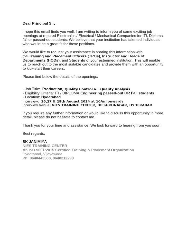 Dear Principal Sir Letter | PDF