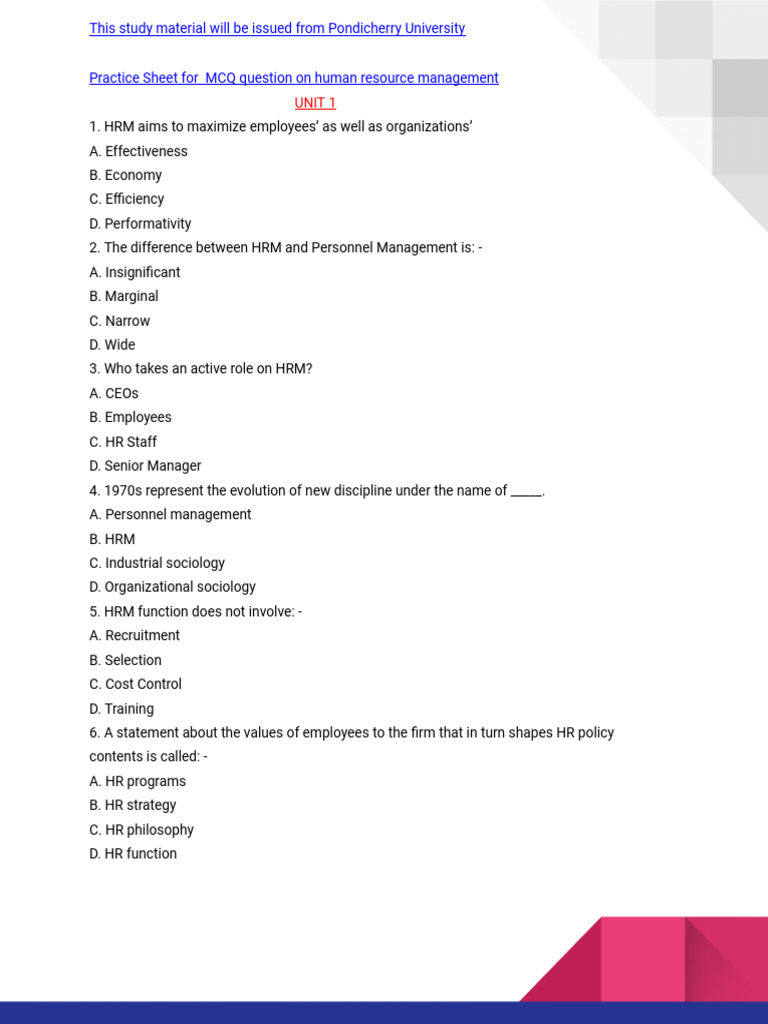 HRM MCQ Practice Sheet from Pondicherry University | PDF | Performance ...