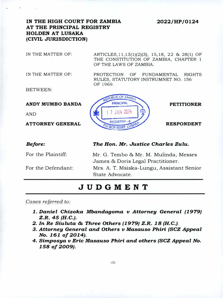 Andy Mumbo Banda V The Attorney General (2022HP0124) 2024 ZMHC 2 (17 ...