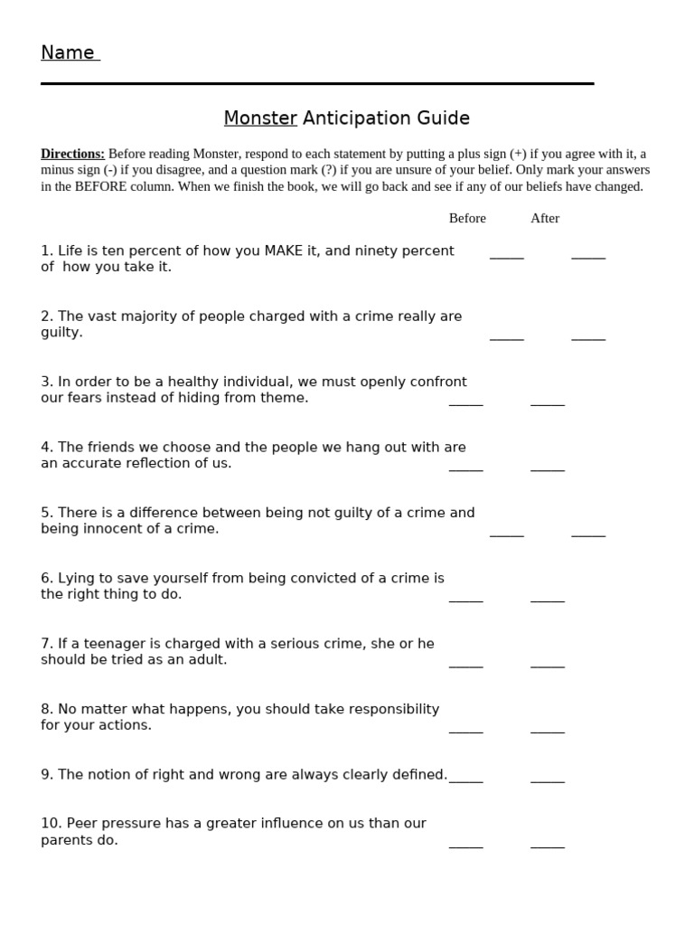 Monster Anticipation Guide | PDF