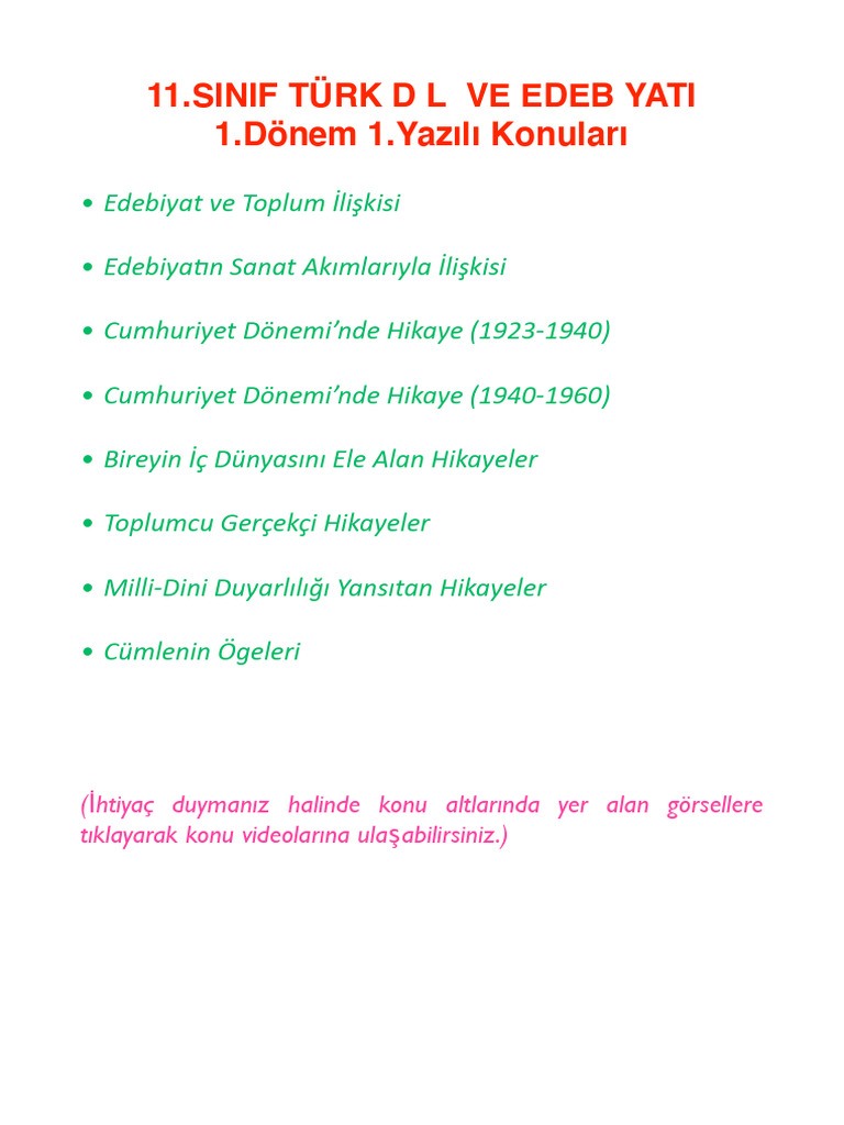 11.sinif Edebiyat 1.donem 1.yazili Sinav Konulari 1 1 | PDF