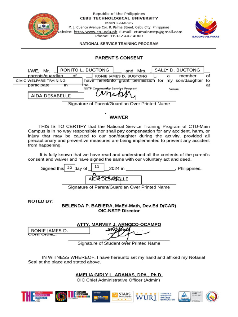 NSTP Parents Consentwaiver Amelia Girly Oic | PDF