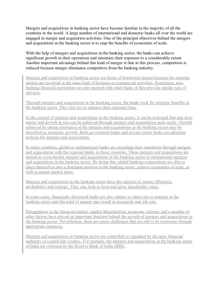 Mergers and Acquisitions in Banking Sector | PDF | Mergers And ...