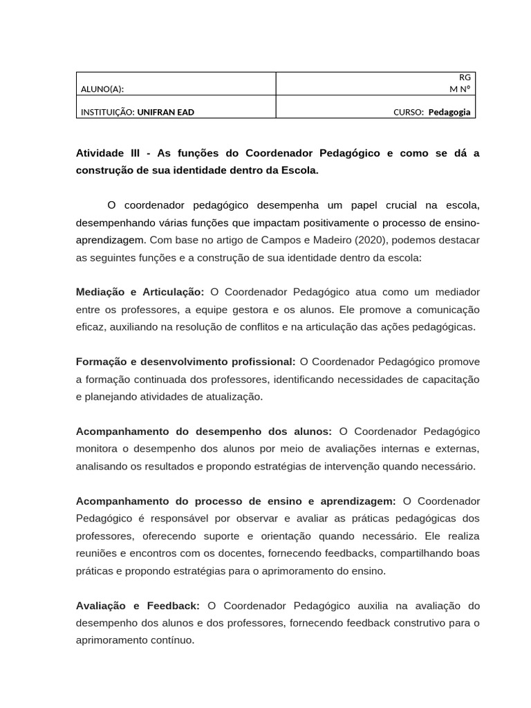 Atividade III - As Funções Do Coordenador Pedagógico e Como Se Dá A ...