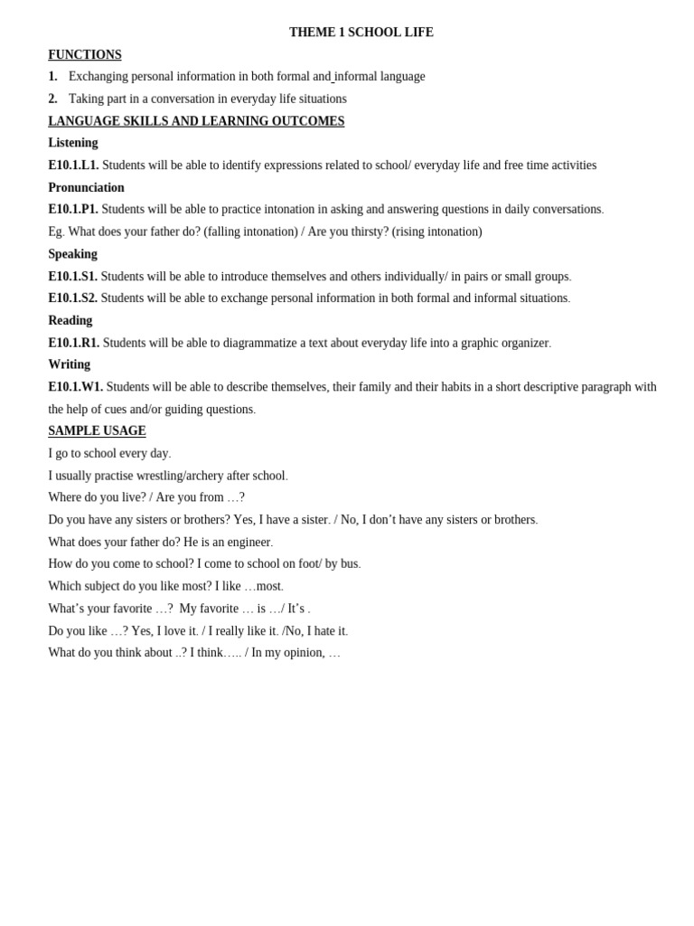 10th Grade English: School Life Unit | PDF