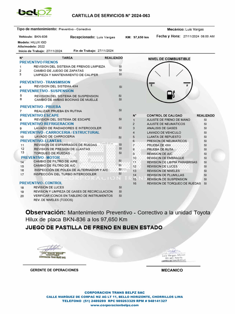 Mantenimientos - Noviembre BKN-836 | PDF | Estilos de carrocería | Vehículo de motor