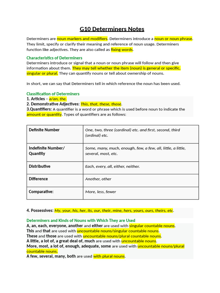 G10 Determiners Notes | PDF | Noun | Grammatical Number