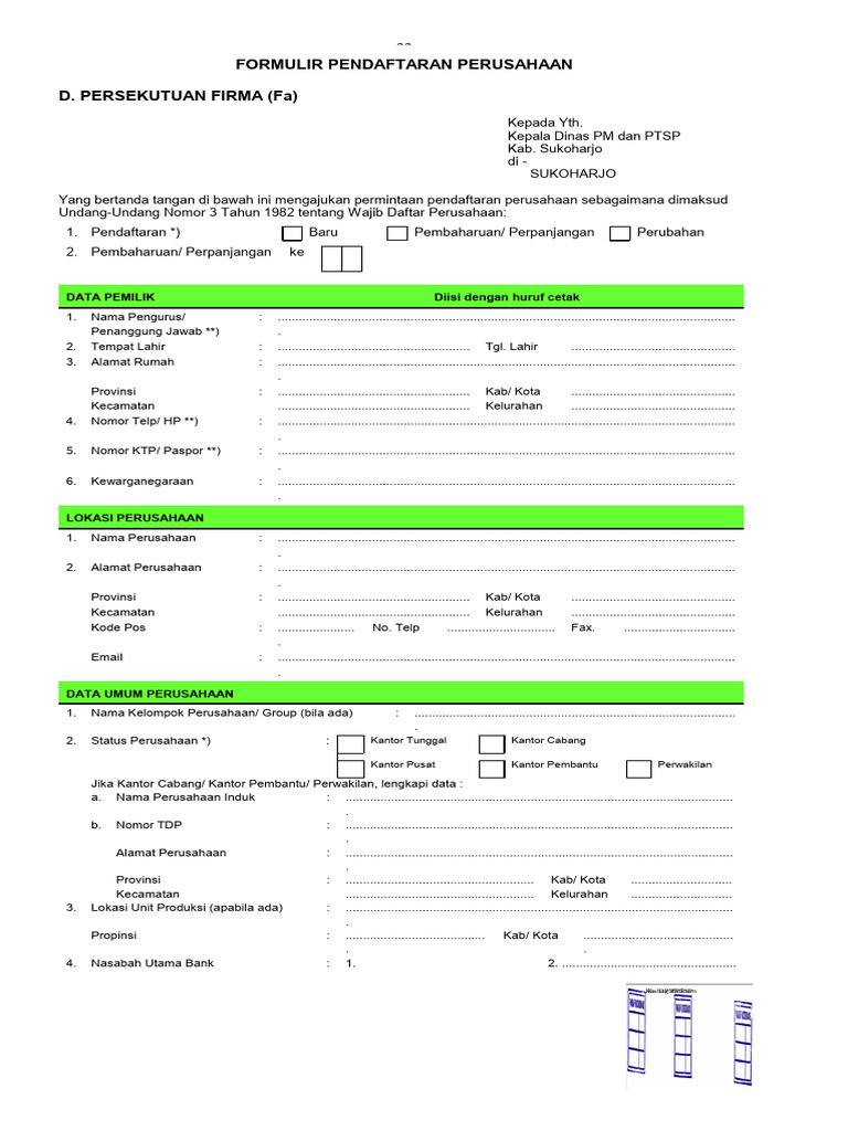 Formulir Pendaftaran Perusahaan Sukoharjo | PDF