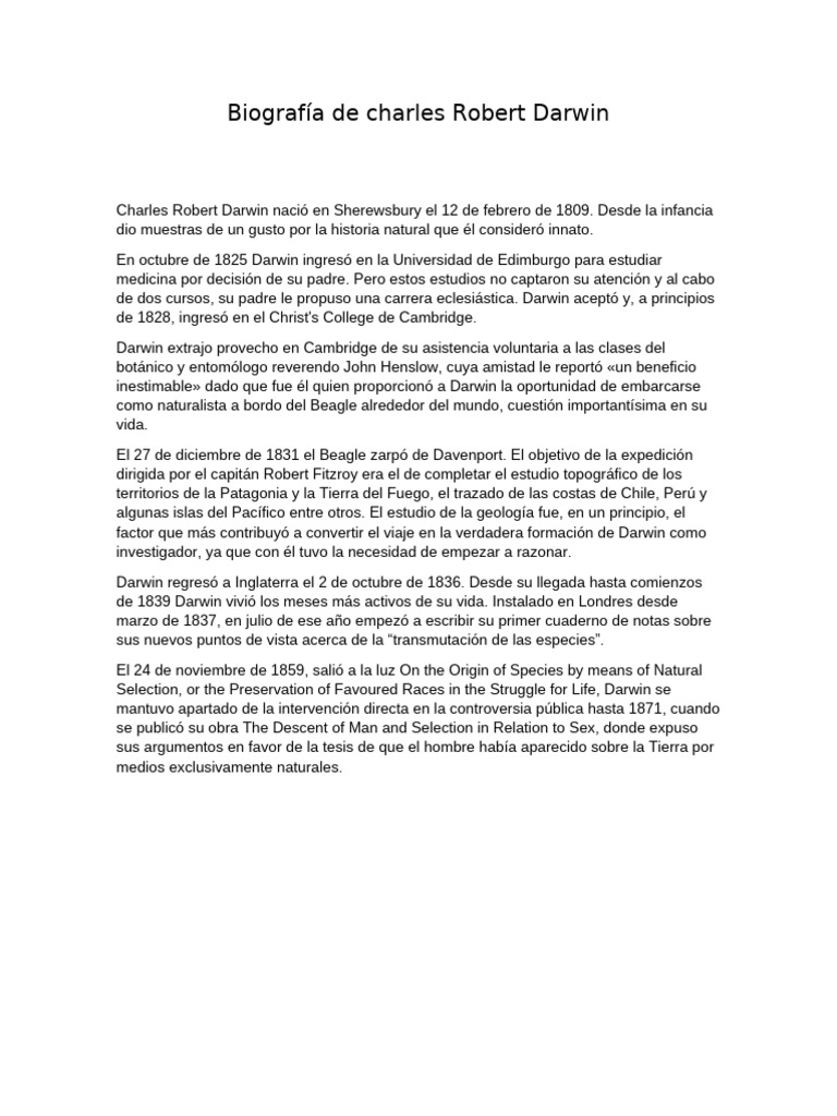 Biografía de Charles Robert Darwin | PDF