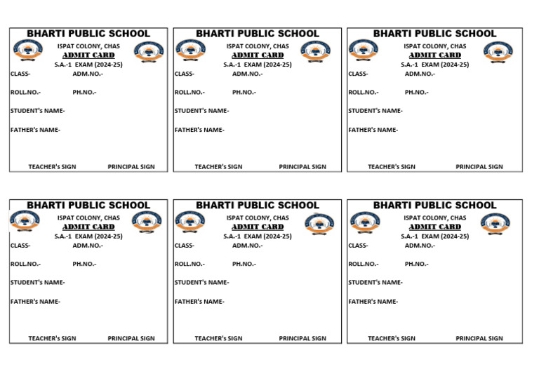 Admit Card - Sa 1 - Bharti Public School - 2024-25 | PDF