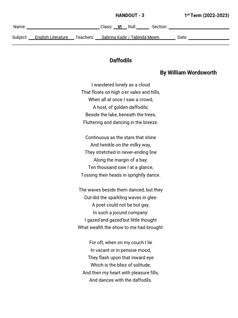 Class VI English Literature Daffodils Poem | PDF
