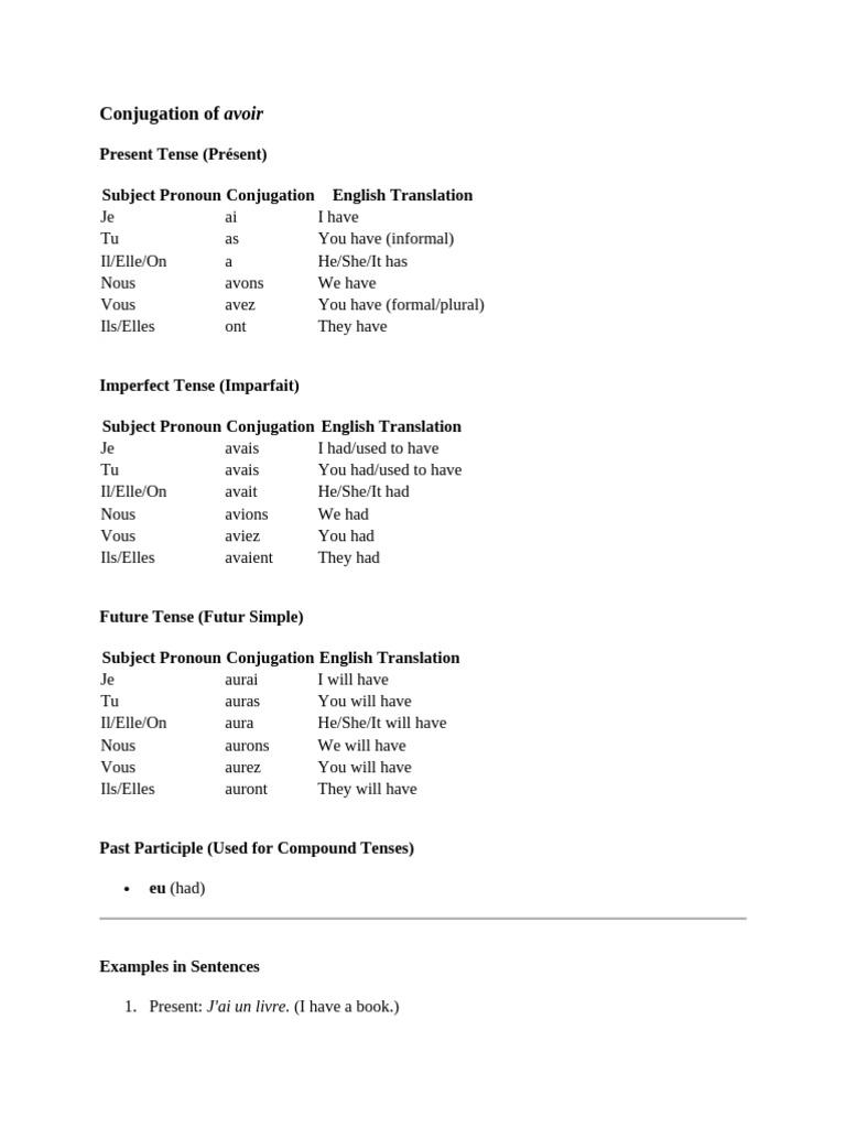 Conjugation Verb Avoir | PDF
