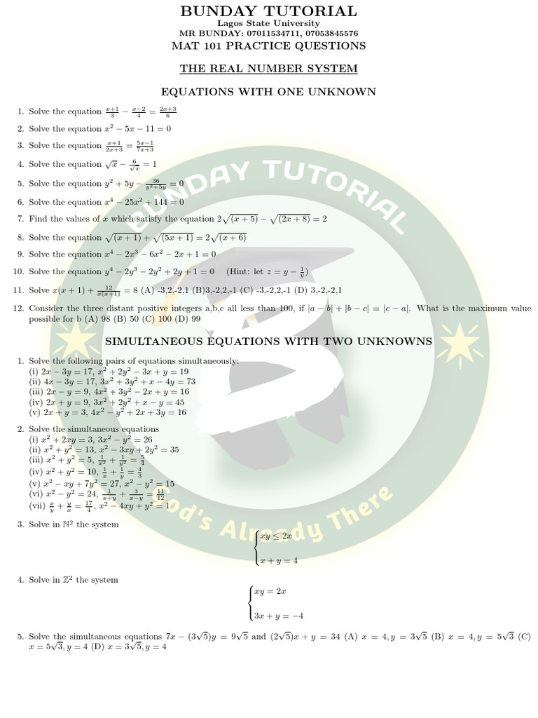 Bunday Tutorial Mat101 Real Number System Practice Qsts | PDF | Equations | Discrete Mathematics