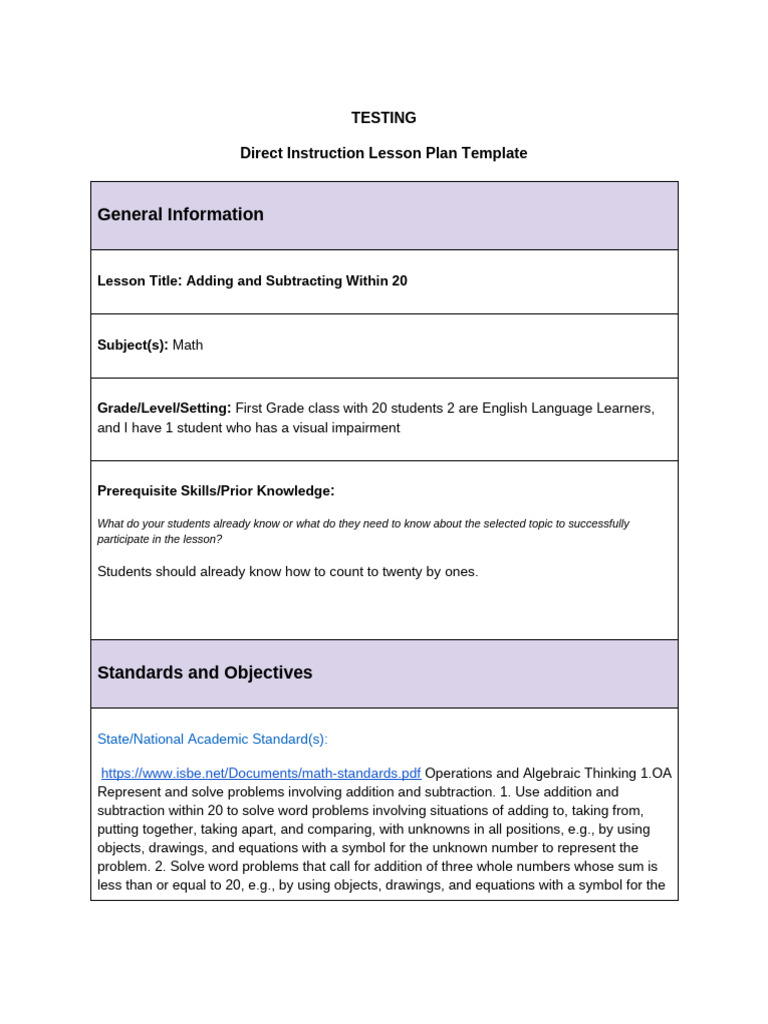 Add and Subtract Within 20 Lesson Plan | PDF | Vocabulary | Learning