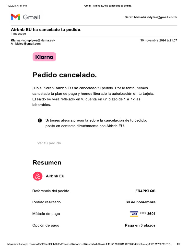 Gmail - Airbnb EU ha cancelado tu pedido | PDF