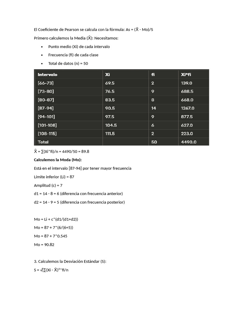 Cálculo del Coeficiente de Pearson y Asimetría | PDF | Mediana | Oblicuidad