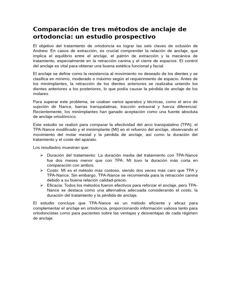 Comparación de Tres Métodos de Anclaje de Ortodoncia | PDF