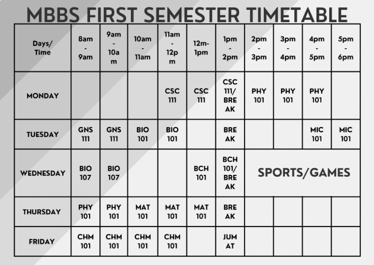 MBBS 1st Semester Timetable | PDF