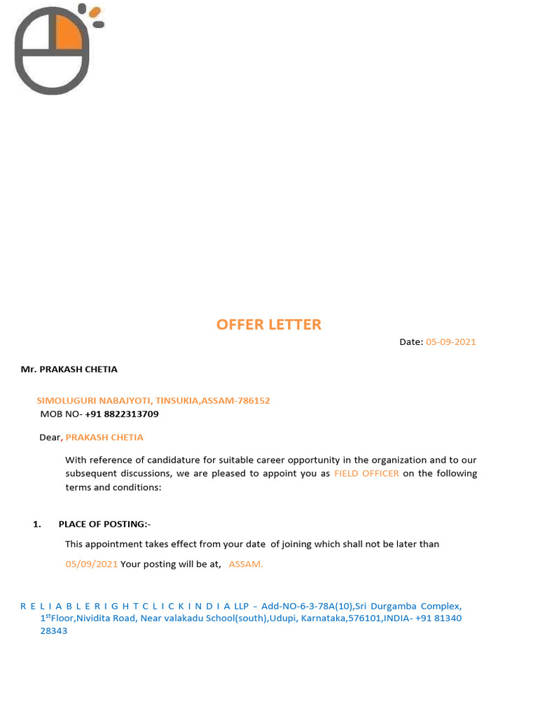 Prakash Chetia Field Officer Offer Letter | PDF | Salary | Employment