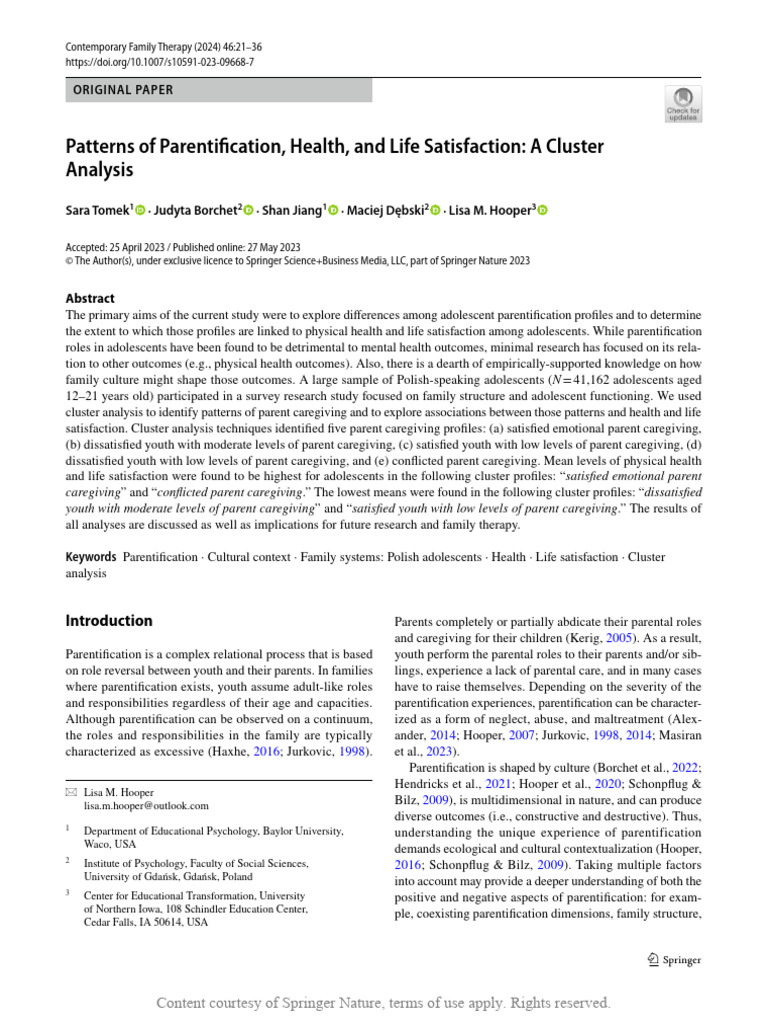 Patterns of Parentification Health and Life Satisfaction | PDF | Cluster Analysis | Adolescence