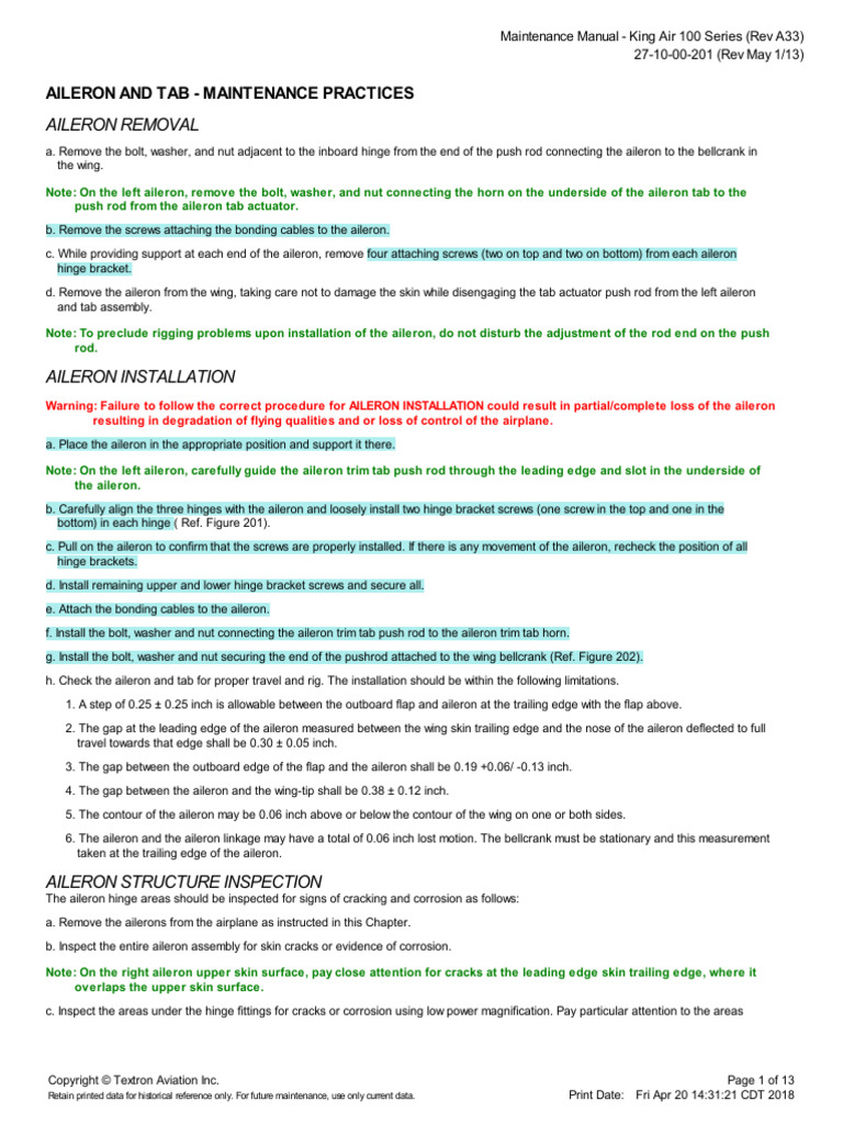 27-10-00-201 - Aileron and Tab - Maintenance Practices | PDF | Aileron ...