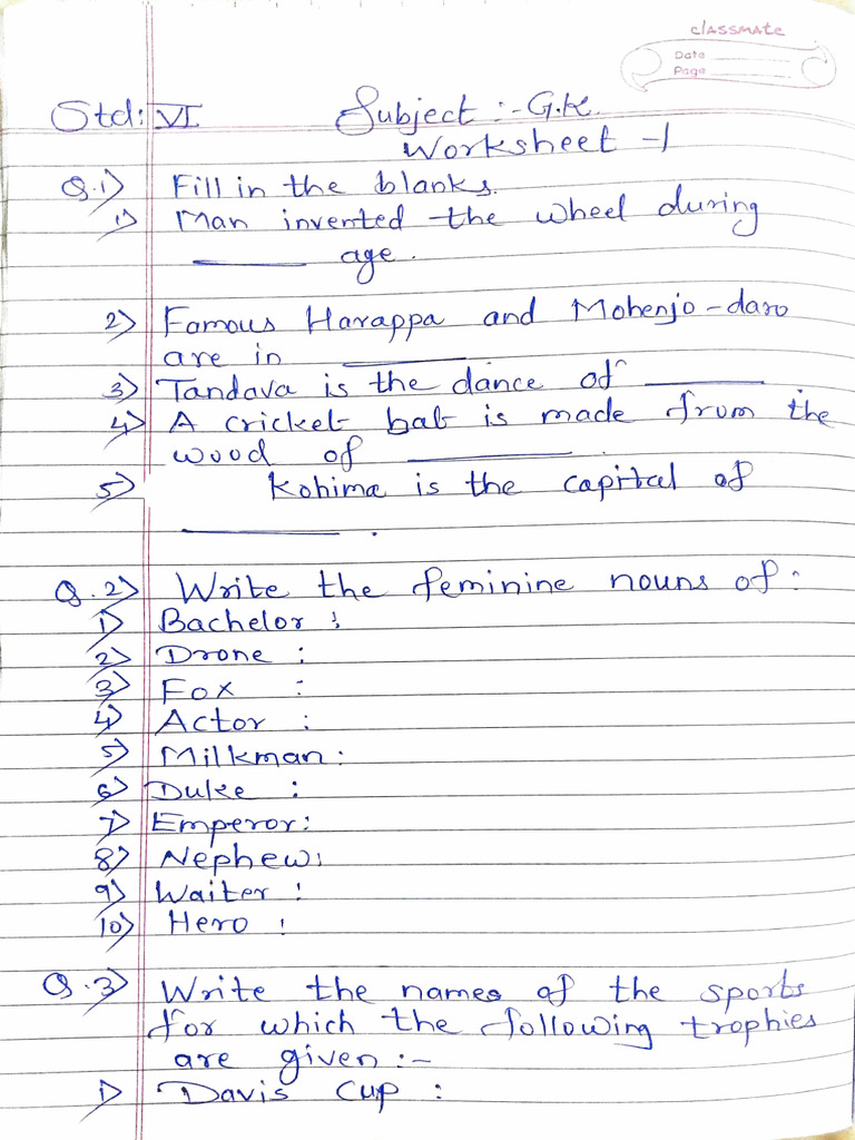 Std Vi Gk Worksheet. 1-1 | PDF