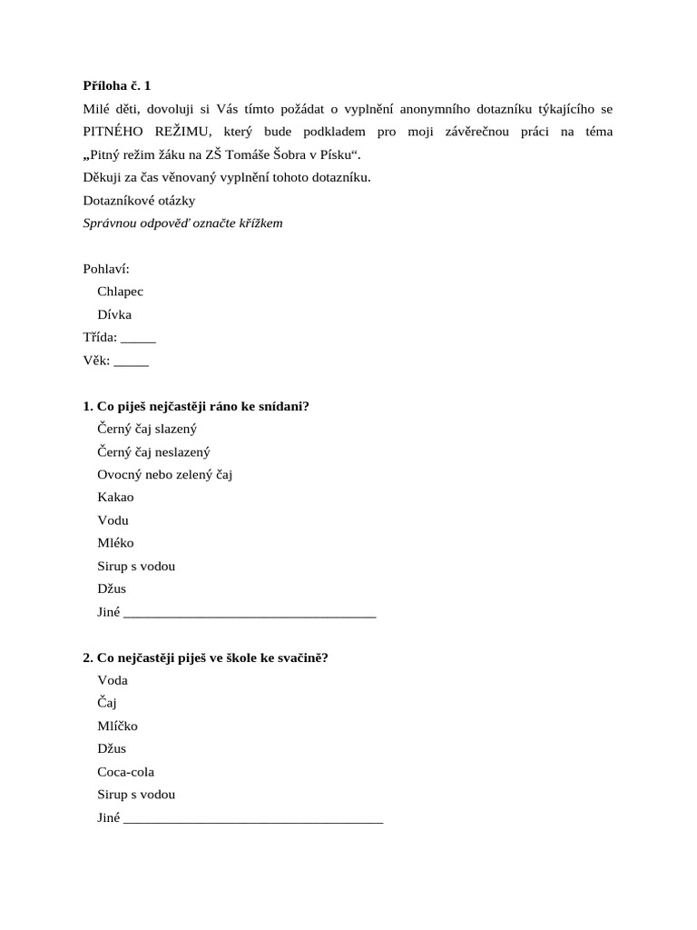 Dotaznik Pitny Rezim | PDF