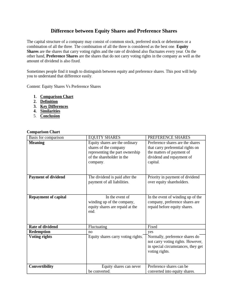 Equity Share VS, Preference Share | PDF | Preferred Stock | Equity ...
