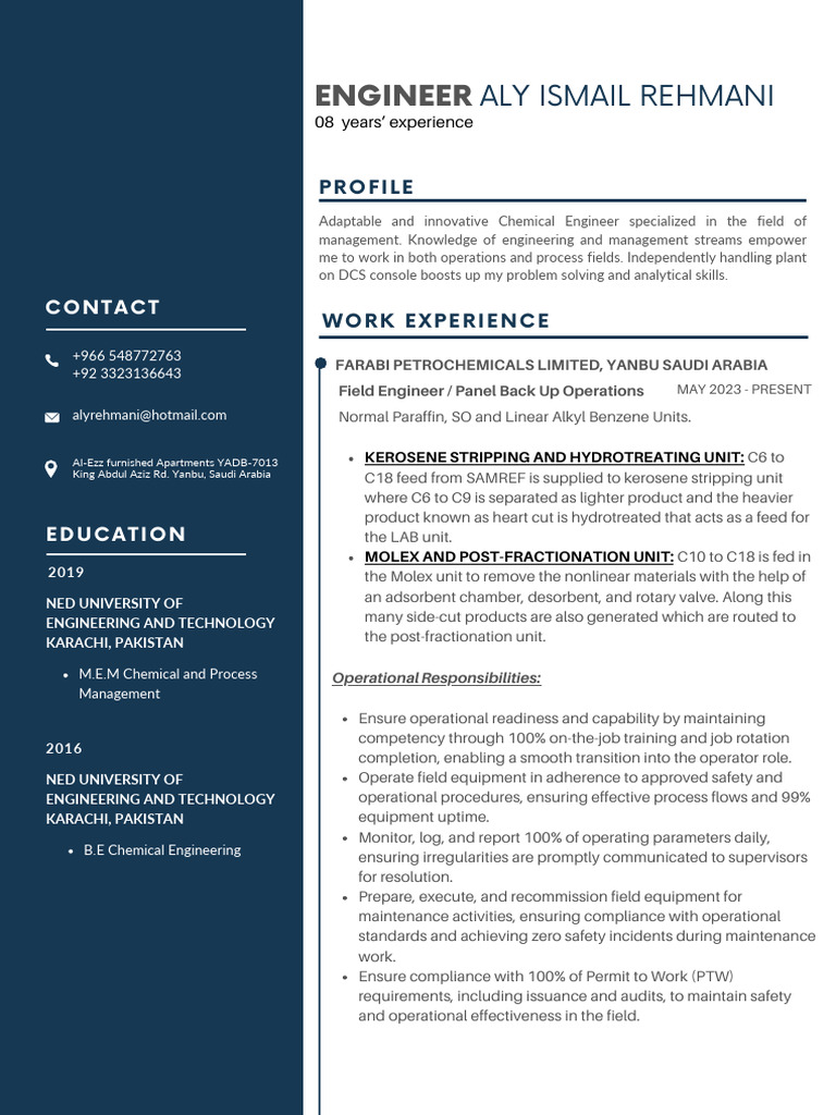 Aly Ismail Resume_production | PDF | Chemistry | Fuels