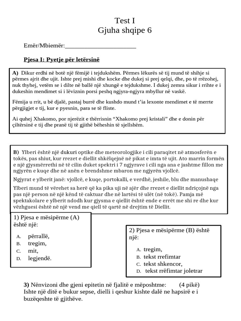 Gjuha Shqipe 6 PEGI - Test 1 | PDF