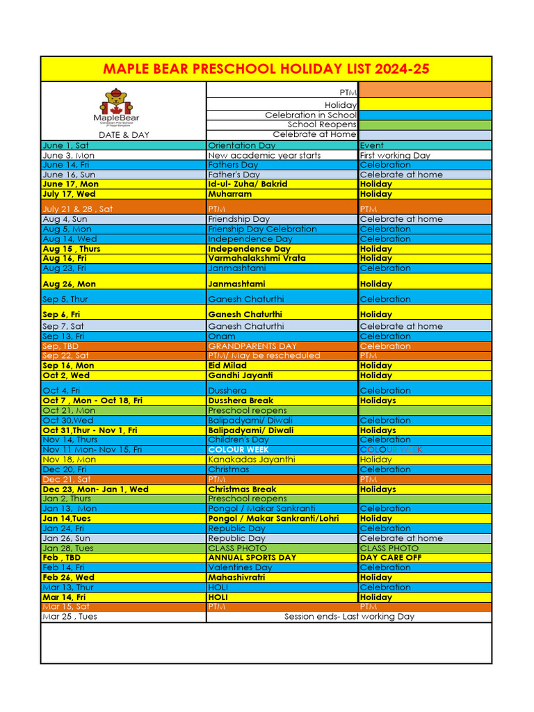 FINAL MB PRESCHOOL Holiday - List | PDF | Festival | Observances
