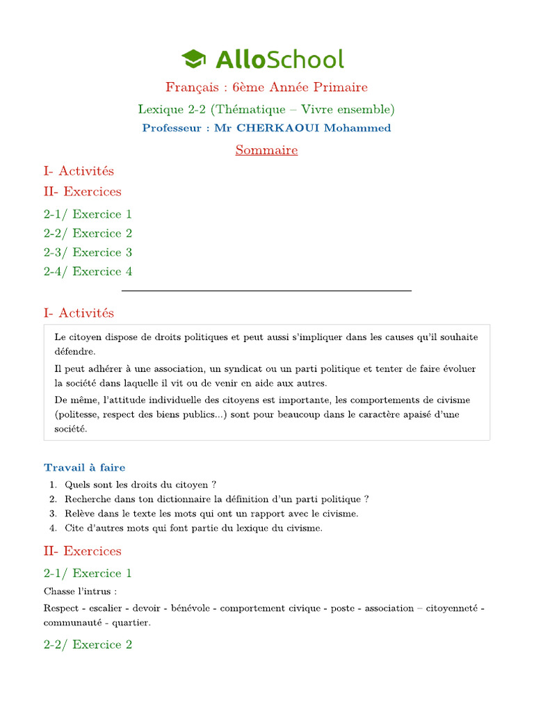 Lexique 2 2 Thematique Vivre Ensemble 1 | PDF