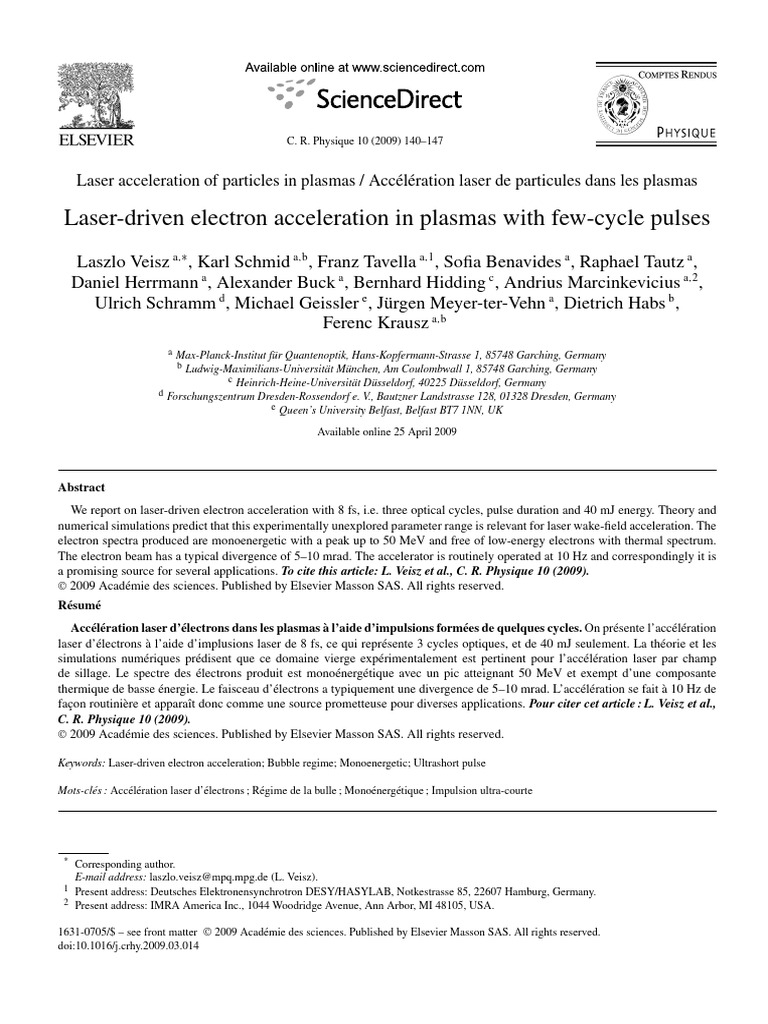 Laser-Driven Electron Acceleration in Plasmas With Few-Cycle Pulses 2009 | PDF | Laser | Electron