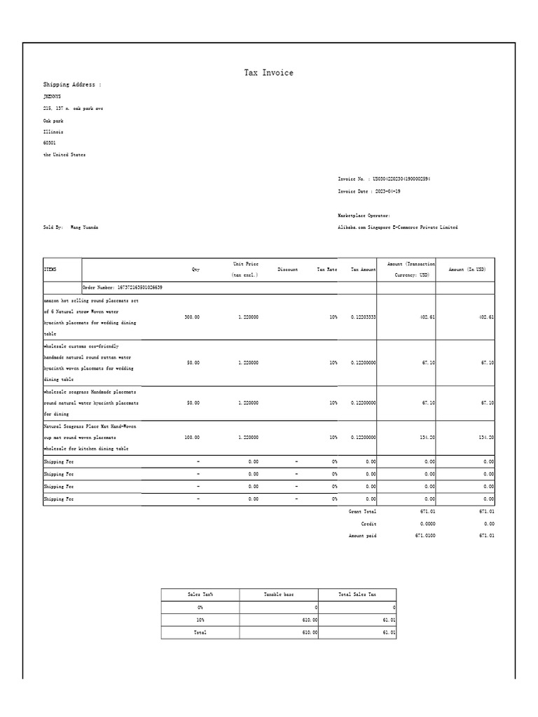 Round Placemat Invoice | PDF | Sales Taxes In The United States | Taxes
