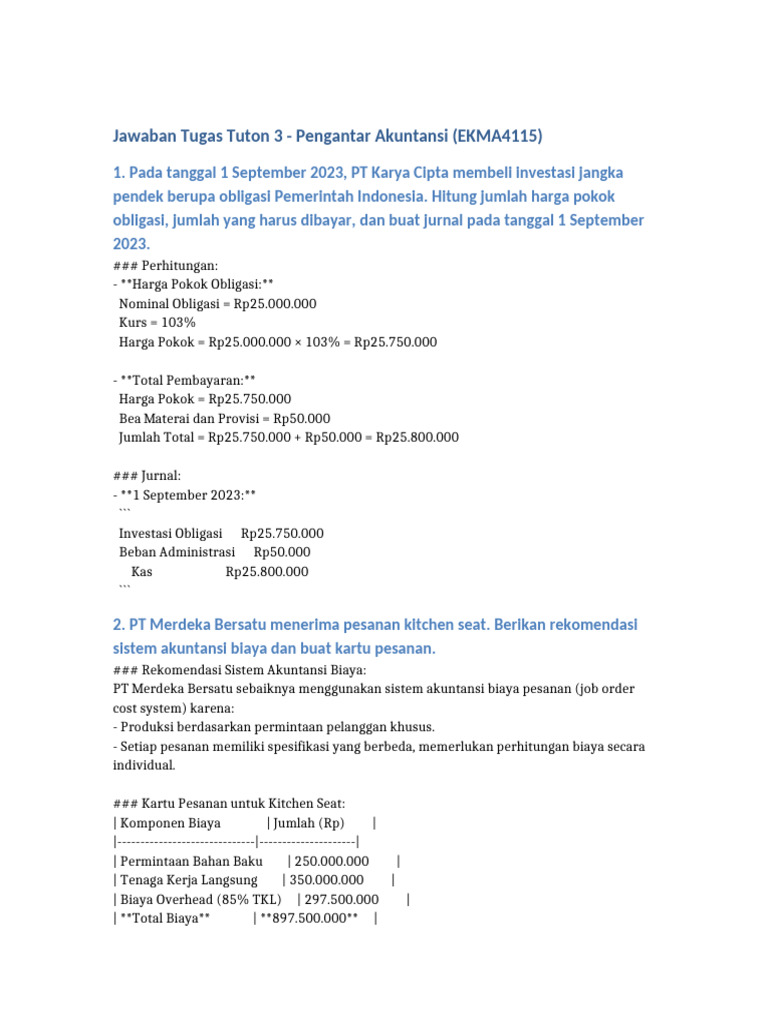 Jawaban Tugas Tuton 3 Pengantar Akuntansi | PDF