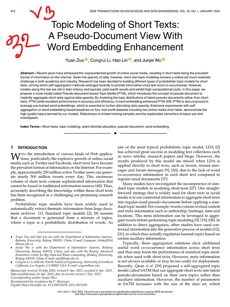 Topic Modeling of Short Texts A Pseudo-Document View With Word Embedding Enhancement | PDF ...
