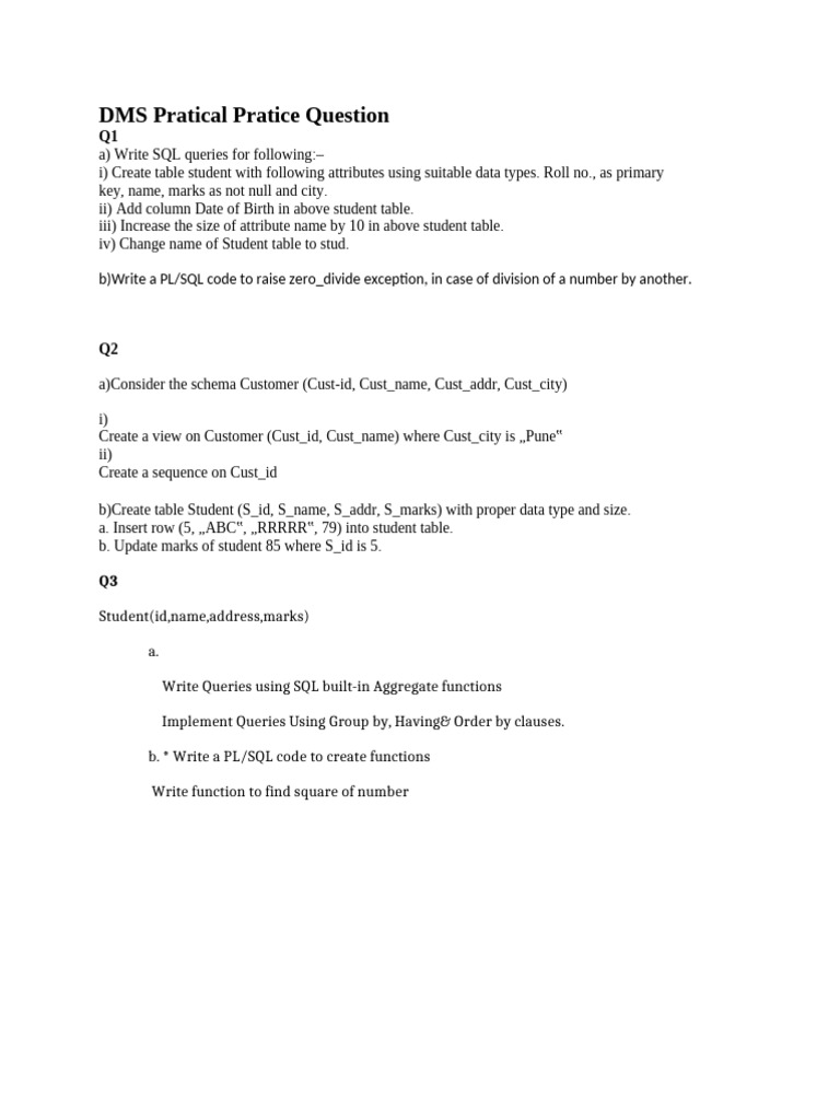 DMS Pratical Pratice Question | PDF
