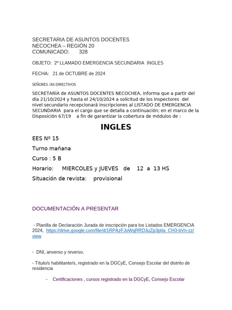 Comunicado 328 Emergencia Secundaria 2 Llamado Ingles | PDF