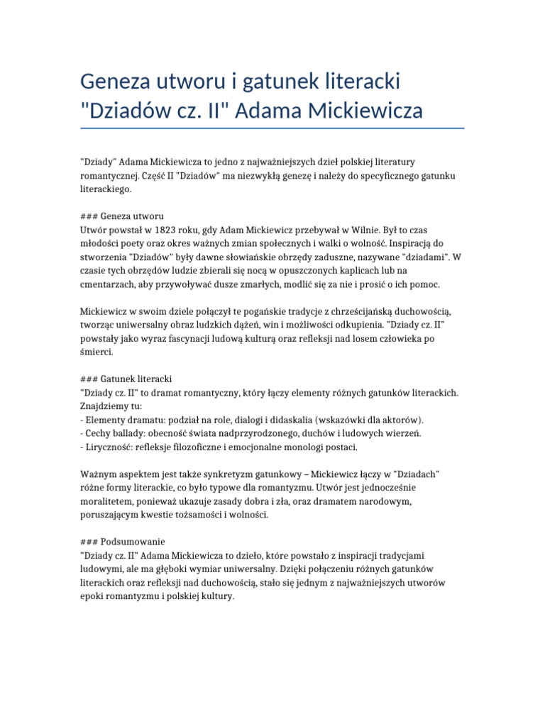 Geneza i Gatunek Dziady Cz2 | PDF